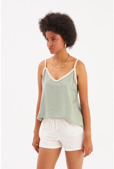 Sateen Keten Salaş Askılı Bluz - Yeşil