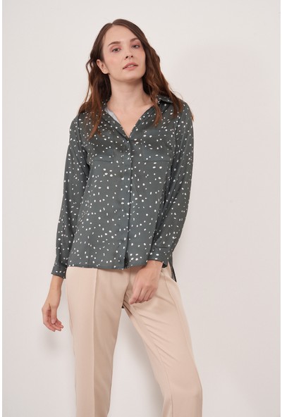 Çetinkaya Helly BG-8644 Haki Kadın Puanlı Uzun Kol Gömlek
