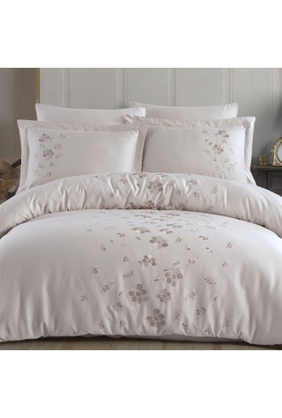 Hobby Poplin Çift Kişilik Nakışlı Nevresim Takımı Premium Ella Bej