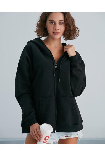 Juwen Unisex Oversize Kapüşonlu Fermuarlı Hırka