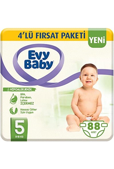 Evy Baby Bebek Bezi 5 Beden Junior (11-18 Kg) %100 Doğal Pamuk, 4'lü Fırsat Paketi, 88 Adet Evy Baby Bebek Bezi 5 Beden Junior (11-18 Kg) %100 Doğal Pamuk, 4'lü Fırsat Paketi, 88 Adet