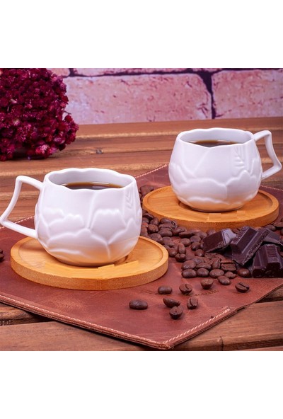 Çılgıntrend Bambu Tabaklı 2'li Porselen Kahve Fincanı