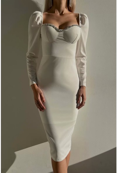 Mısscıx Taşlı Elbise-Beyaz