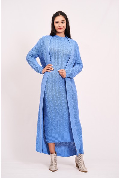 Kadın Mavi Balıkçı Yaka Uzun Triko Elbise & Hırka Ikili Takım