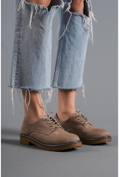 Kaygısız Kadın Oxford Vizon Nubuk Bağcıklı