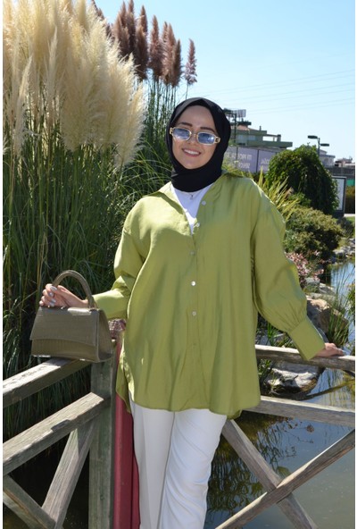 Asela %100 Pamuk Oversize Yağ Yeşili V Yaka Gömlek Tunik Asela %100 Pamuk Oversize Yağ Yeşili V Yaka Gömlek Tunik