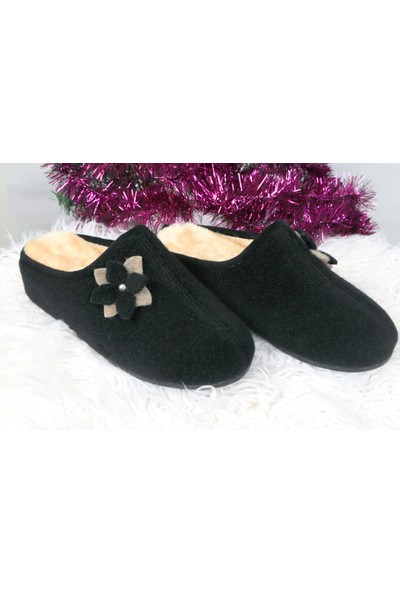 Nancy Esa Winter Star El Yapımı Rahat Kışlık Siyah Keçe Suni Kürklü Şık Kadın Ev Terliği