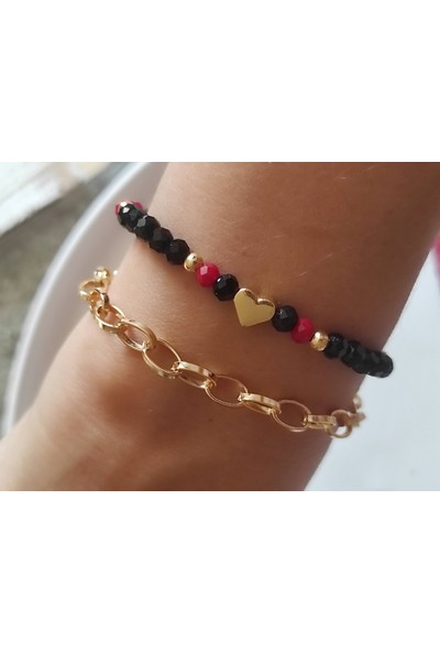 Siyah-Kırmızı Zincirli 2'li Bileklik