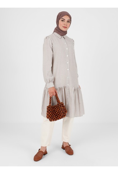 Çizgili Fırfırlı Sweatshirt - Vizon - Tavin