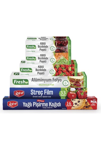 Roll-Up Pişirme Kağıdı + Streç Film + Alüminyum Folyo + Buzdolabı Poşeti Eko Mutfak Seti Roll-Up Pişirme Kağıdı + Streç Film + Alüminyum Folyo + Buzdolabı Poşeti Eko Mutfak Seti