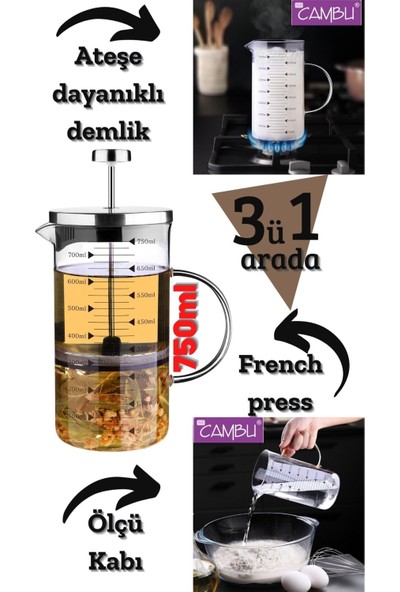 Cambu 3ın1 Borosilikat Cam Frenchpress 750 ml & Metal Kapaklı Polikarbon Mug Kupa 500 ml Set Cambu 3ın1 Borosilikat Cam Frenchpress 750 ml & Metal Kapaklı Polikarbon Mug Kupa 500 ml Set