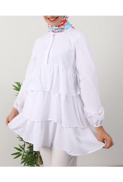 Camellia Boutique Yarım Düğmeli Kat Kat Fırfır Detay Tunik Gömlek - Beyaz