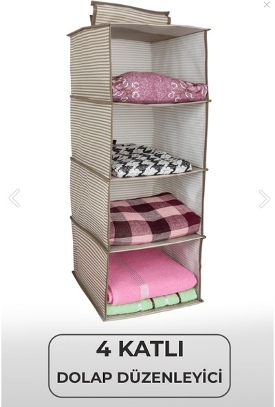 Çerçici 4 Gözlü Dolap Organizer - Kahve Beyaz Çizgili