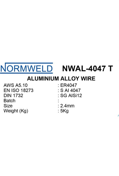 Normweld Alüminyum Tıg Kaynak Teli -NW4047 2.4mm Normweld Alüminyum Tıg Kaynak Teli -NW4047 2.4mm