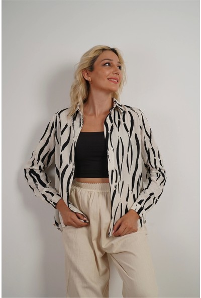 Key Moda Kadın Grafik Desenli Vizkon Gömlek Krem