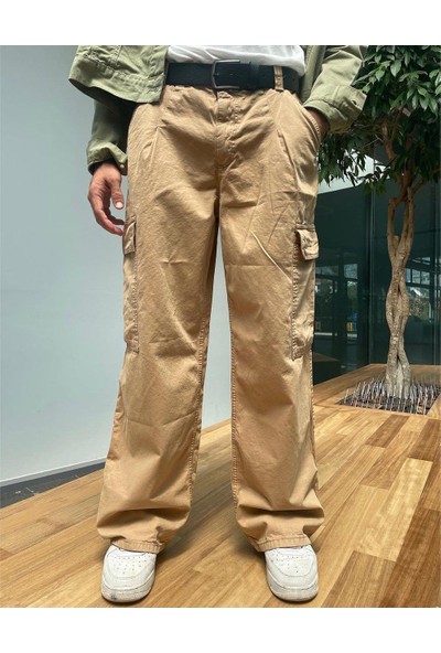 Premium Baggy Fit Kargo Pantolon Koyu Bej