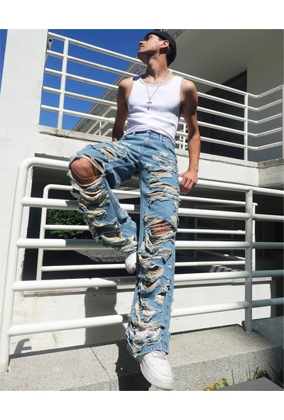 Premium Baggy Distressed Kot Pantolon Mavi Premium Baggy Distressed Kot Pantolon Mavi