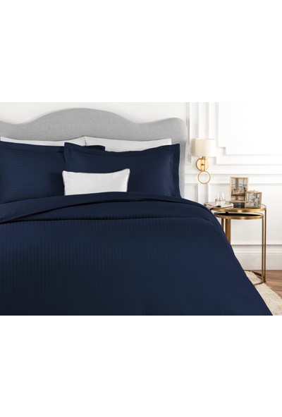 Madame Coco Elicia King Size Çizgili Saten Nevresim Takımı - Lacivert