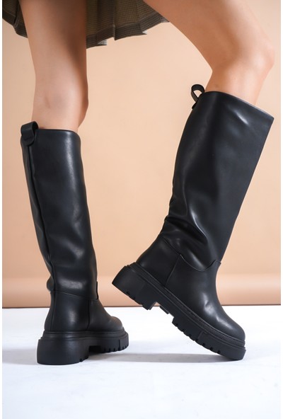 Topuk Barny Siyah Cilt Çekme Günlük Kadın Çizme
