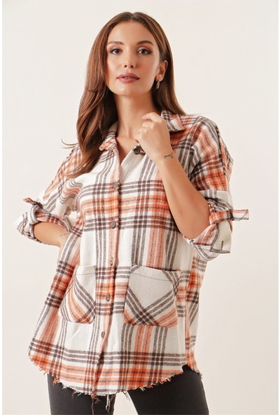 Çift Cepli Kol Katlamalı Ekose Kaşe Gömlek Oranj