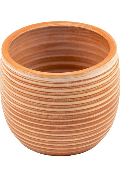 Bitki Tasarımı Terracota Beyaz Çizgi Desenli Toprak Saksı - 19 cm Çap