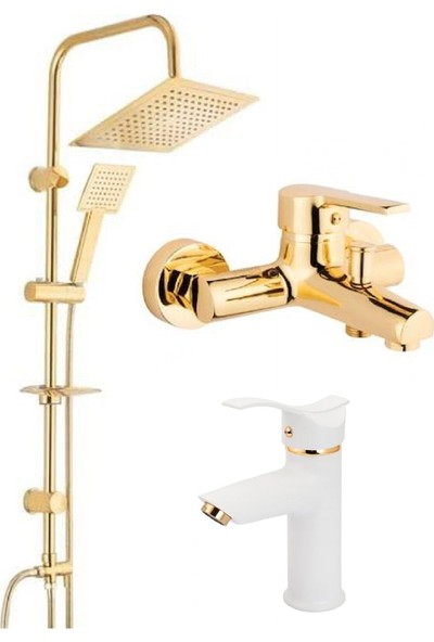 Armilla Armatür Kare Gold Robot Duş Sistemi Banyo Bataryası ve Beyaz Gold Kartal Lavabo Bataryası Musluğu 3’lü Set Gold Kare Byz Armilla Armatür Kare Gold Robot Duş Sistemi Banyo Bataryası ve Beyaz Gold Kartal Lavabo Bataryası Musluğu 3’lü Set Gold Kare Byz