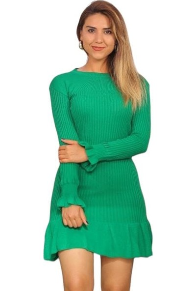 Fitilli Yeşil Kolu ve Etek Ucu Volanlı Elbise