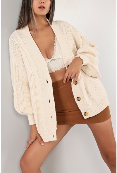 Reprisal Kadın Taş Örgülü Balon Kollu Salaş Triko Hırka