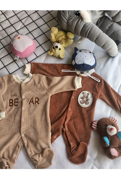 Kadife Tedy Bear Baskılı 2'li Tek Boy Tulum