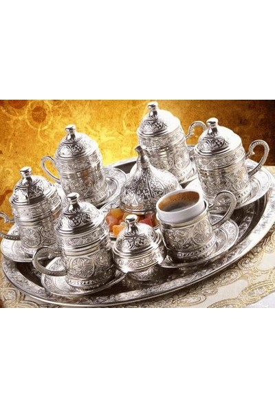 Ega Toptan Osmanlı Motifli 6 Kişilik Türk Kahve Seti - Gümüş Ega Toptan Osmanlı Motifli 6 Kişilik Türk Kahve Seti - Gümüş
