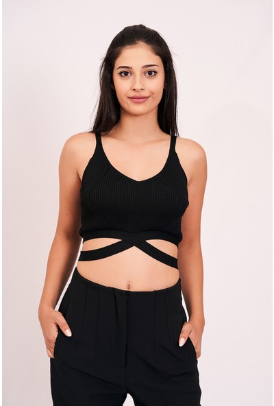 Kadın Siyah Altı Çapraz Triko Crop Bluz Kadın Siyah Altı Çapraz Triko Crop Bluz