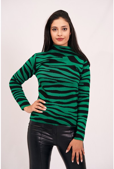 Kadın Yeşil Zebra Desenli Dik Yaka Triko Kazak