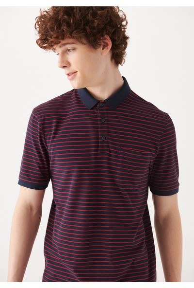 Kırmızı Çizgili Lacivert Polo Tişört