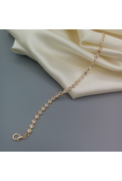 Dolunay Kristal Sıra Taşlı Gold Bileklik