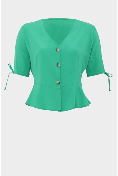 AÇELYAOKCU V Yaka Düğmeli Volanlı Bluz