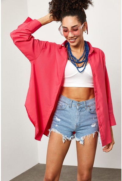 Trendolur Kadın Oversize Uzun Gömlek-Fuşya