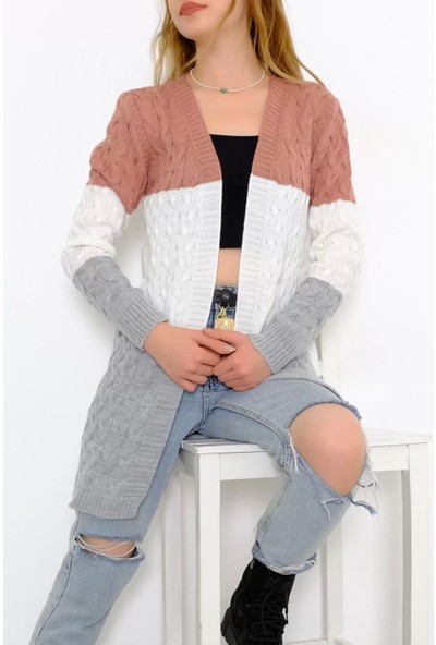 Serçe Shop Üç Renk Detaylı Hırka Pudragri - 282.1577.