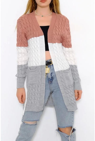 Serçe Shop Kemerli Üç Renk Hırka Pudragri - 331.1577.