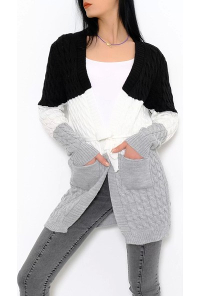 Serçe Shop Kemerli Üç Renk Hırka Siyahgri - 331.1577.