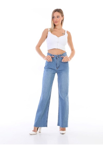 Zy Plus Mavi Bol Paça Yüksek Bel Kot Pantolon