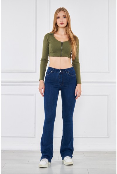 Zy Plus Lacivert Ispanyol Paça Yüksek Bel Kot Pantolon