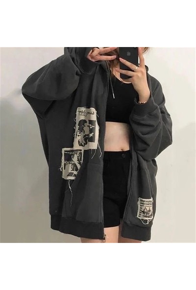 TouzModa Touz Punk Distressed Appliques Hoodie Jacket Hırka TouzModa Touz Punk Distressed Appliques Hoodie Jacket Hırka