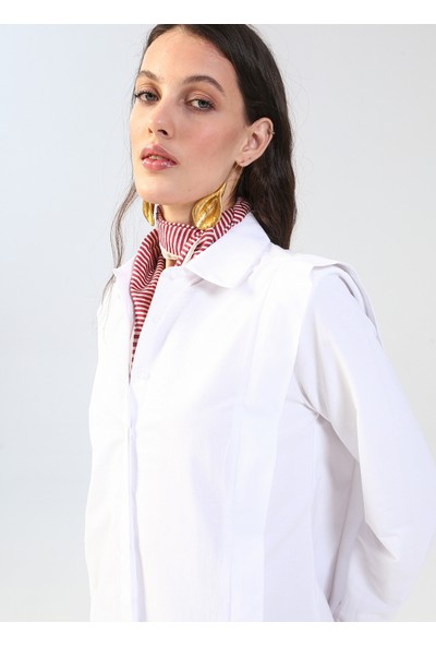 Fabrika Gömlek Yaka Düz Beyaz Kadın Gömlek Lunas