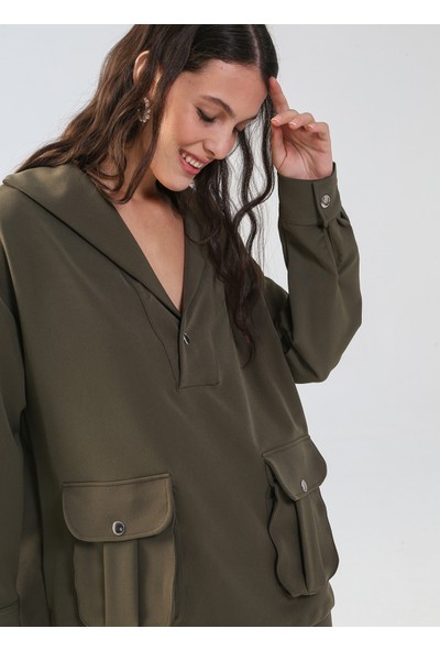 Fabrika Comfort V Yaka Düz Haki Kadın Bluz Cm-Vınte