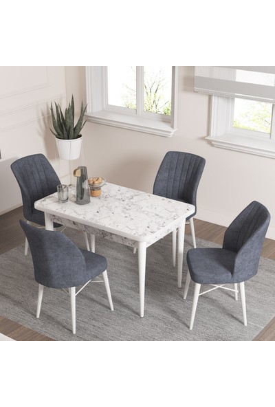 Rovena Lera Beyaz Mermer Desen 80 x 132 cm Mdf Yemek Masası Takımı 4 Sandalyeli