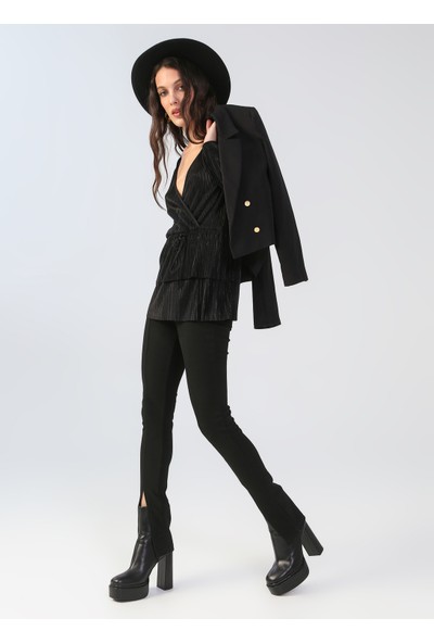 Fabrika V Yaka Piliseli Siyah Kadın Bluz Weder Fabrika V Yaka Piliseli Siyah Kadın Bluz Weder