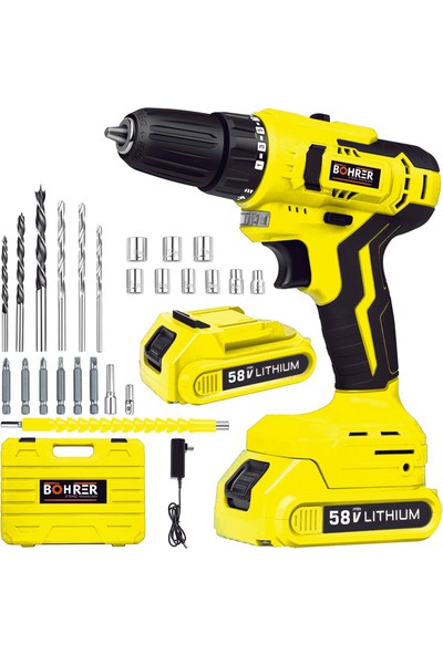 Böhrer German 58V 5AH Pro Hummer Yellow Çift Akülü Yüksek Torq +24 Vidalama Şarjlı Matkap Set Böhrer German 58V 5AH Pro Hummer Yellow Çift Akülü Yüksek Torq +24 Vidalama Şarjlı Matkap Set
