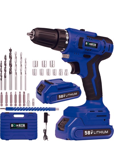 Böhrer German 58V 5AH Pro Hummer Dark Blue Çift Akülü Yüksek Torq +24 Vidalama Şarjlı Matkap Set Böhrer German 58V 5AH Pro Hummer Dark Blue Çift Akülü Yüksek Torq +24 Vidalama Şarjlı Matkap Set