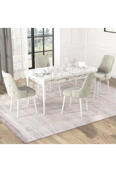 Rovena Mateo Beyaz Mermer Desen 80X132 Yemek Masası Takımı 4 Sandalyeli