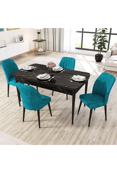 Rovena Zayn Siyah Mermer Desen 80X132 Yemek Masası Takımı 4 Sandalyeli